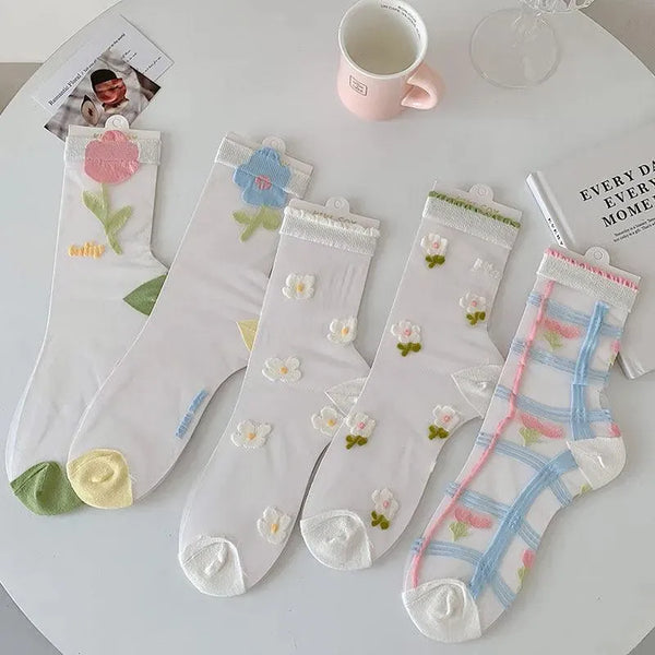 Cute Sheer Crew Socks | Mesh Socks With Flower Pattern | Cute Socks ...